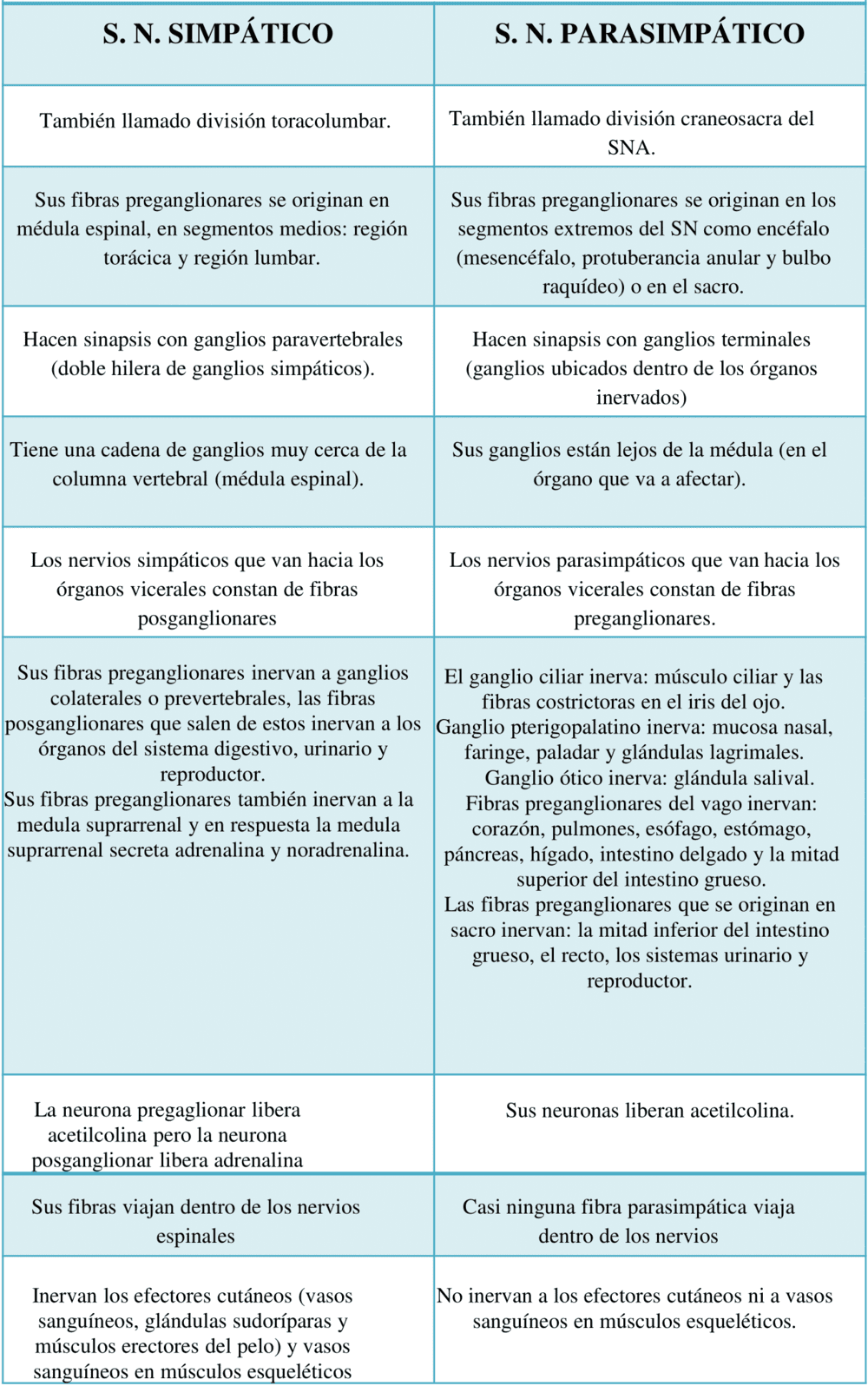 Cuadros comparativos Sistema Nervioso Simpático y Parasimpático